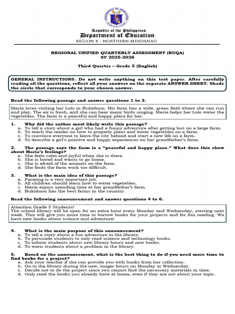 Grade 5 English Q3 Assessment 2025-2026 - Test Paper | PDF | Toys | Trees