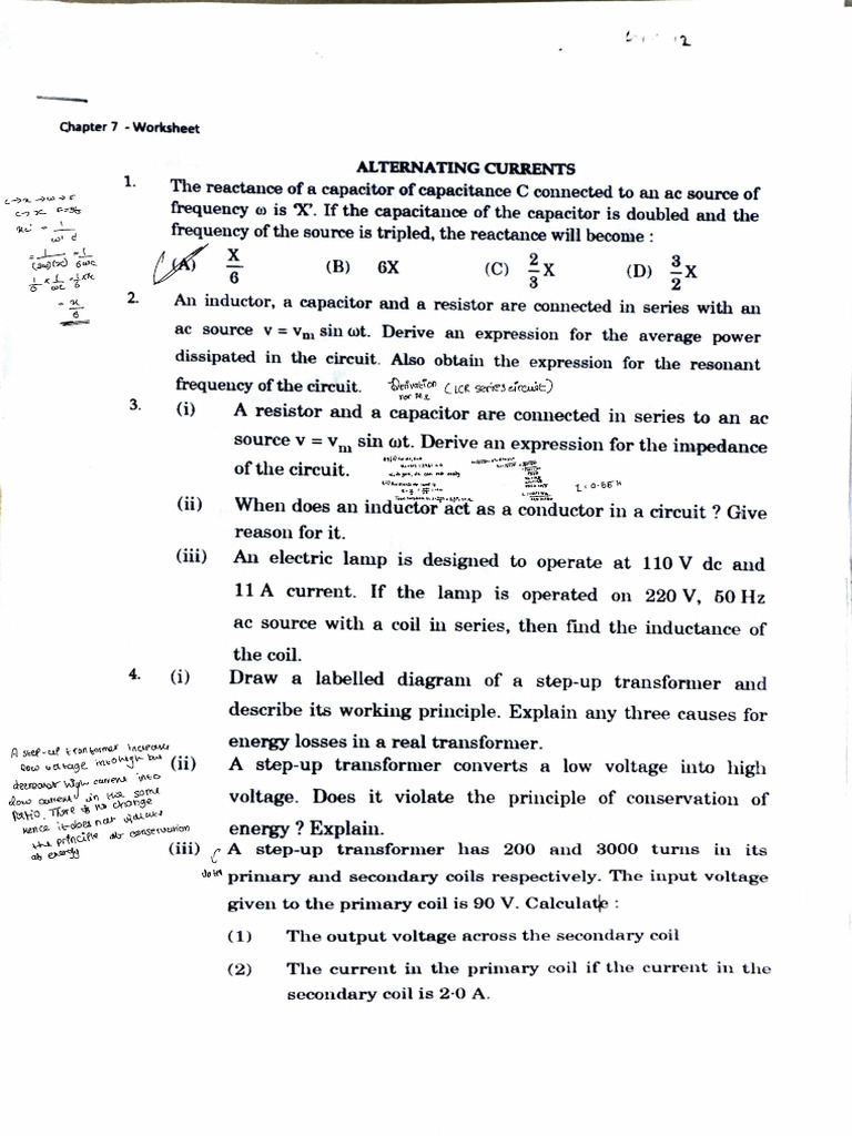 Alternating Current Worksheet | PDF | Inductor | Electrical Impedance