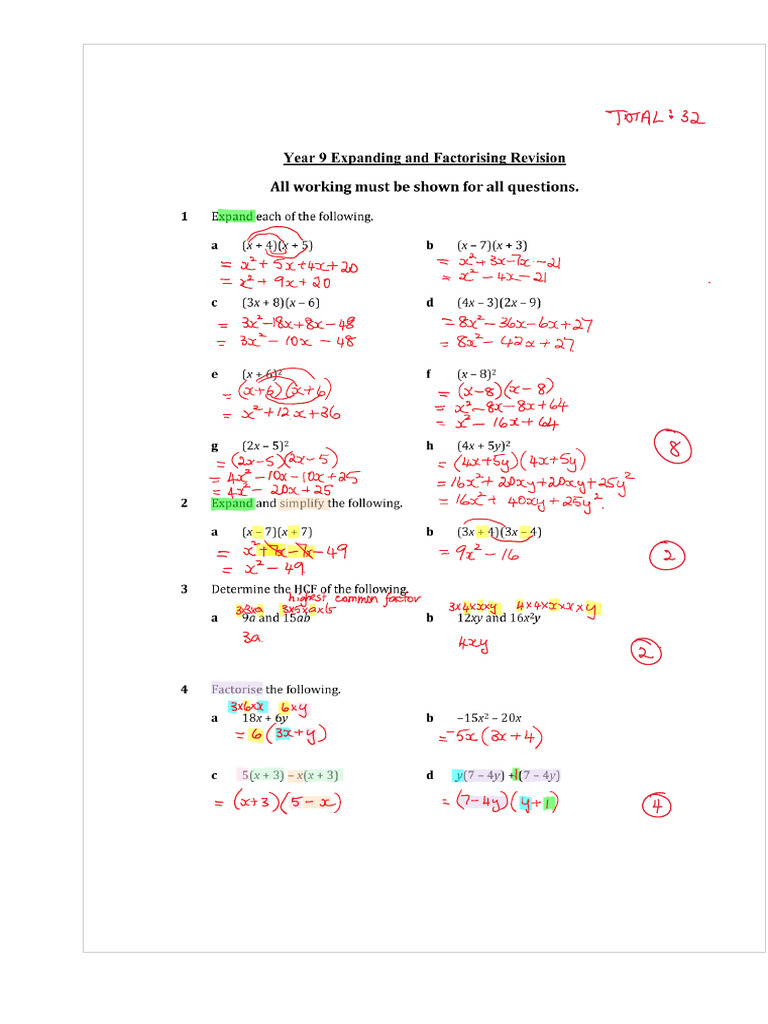Expanding and Factorising Revision Sheet Solutions | PDF
