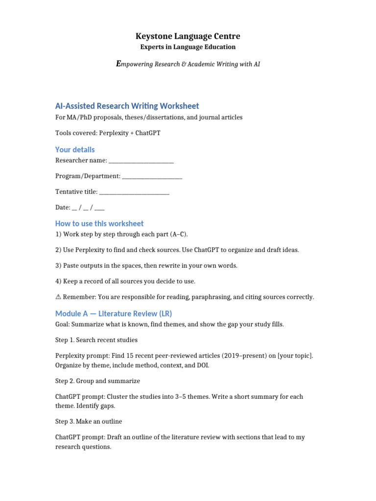AI Assisted Research Writing Worksheet Keystone | PDF | Theory | Hypothesis