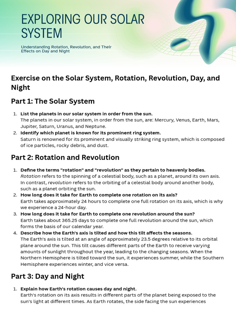 Exercise On The Solar System, Rotation, Revolution, Day, and Night ...