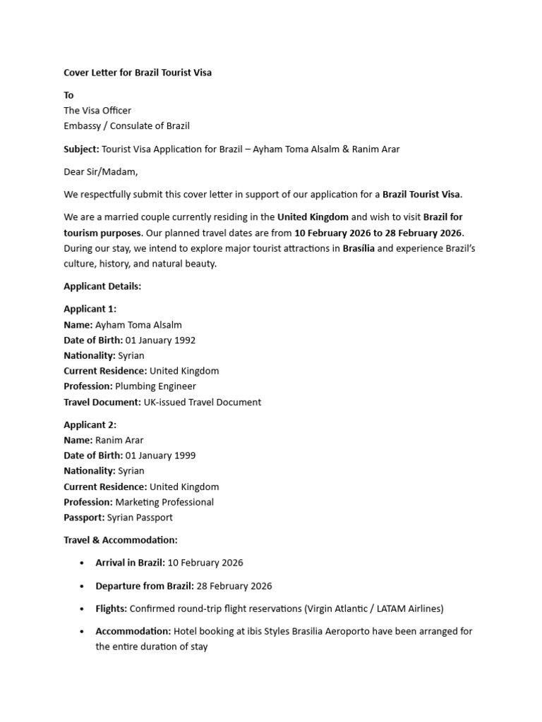 Cover Letter for Brazil Tourist Visa | PDF