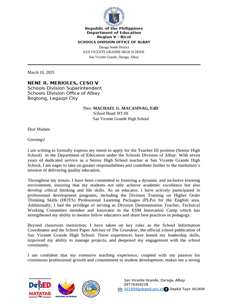 Letter of Intent Promotion | PDF | Teachers | Cognition