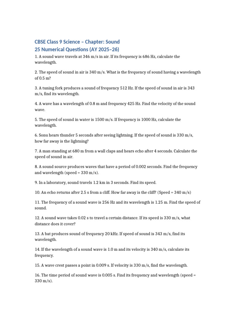 Class 9 Science Sound 25 Numericals | PDF | Sound | Frequency