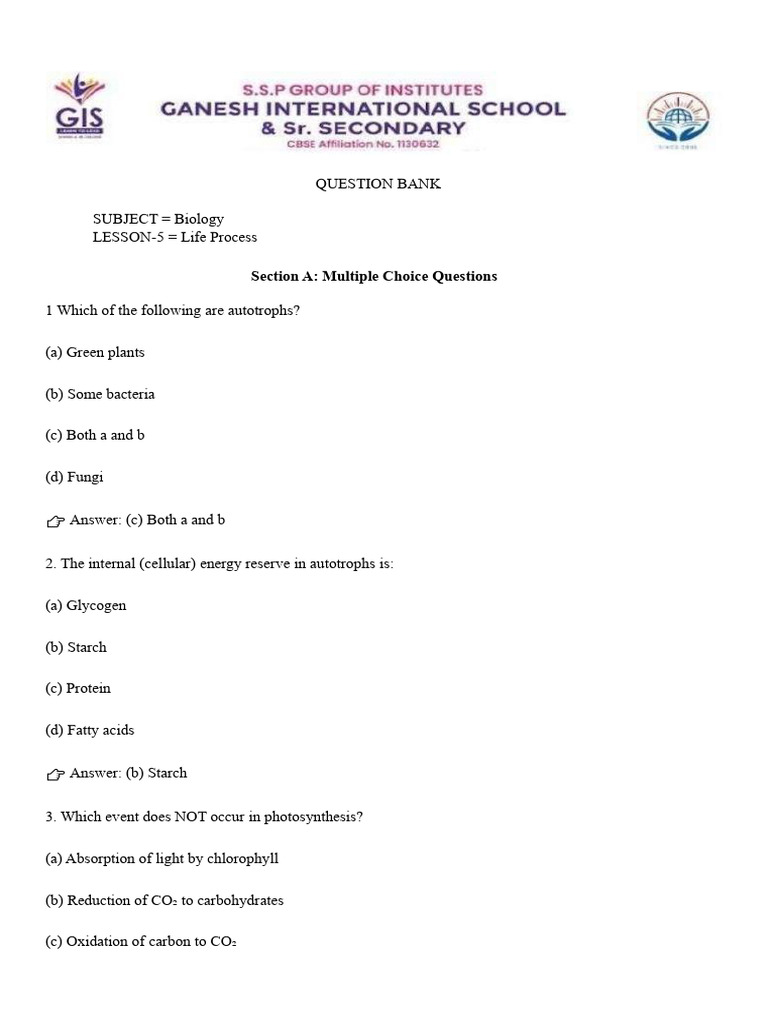 Life Process Question Bank | PDF | Cellular Respiration | Respiratory ...