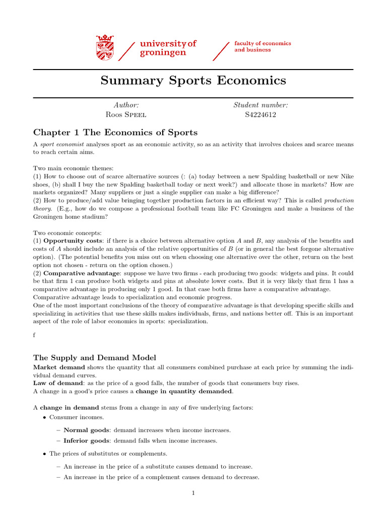 Summary Sports Economics | PDF | Elasticity (Economics) | Demand