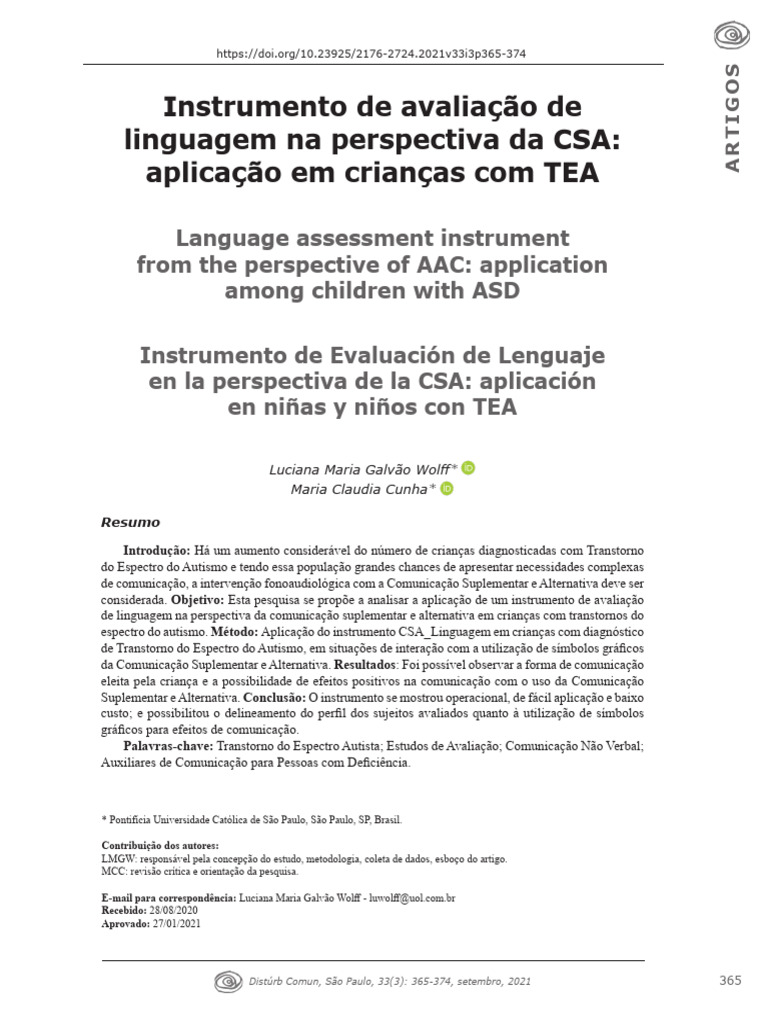 Artigo Inst Avaliação DIC - Lu Wolff 2021 | PDF | Comunicação | Autismo