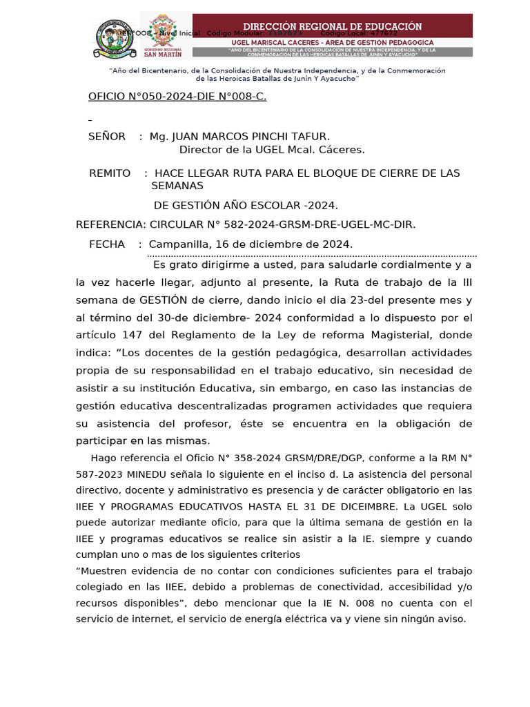 Of. 050 IE N°008 - RUTA III Bloque Semana de Gestion 2024 | PDF