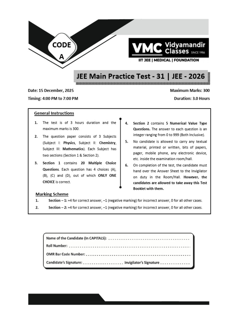 JEE Main Practice Test-31 Class XII JEE 2026 Question Paper | PDF ...