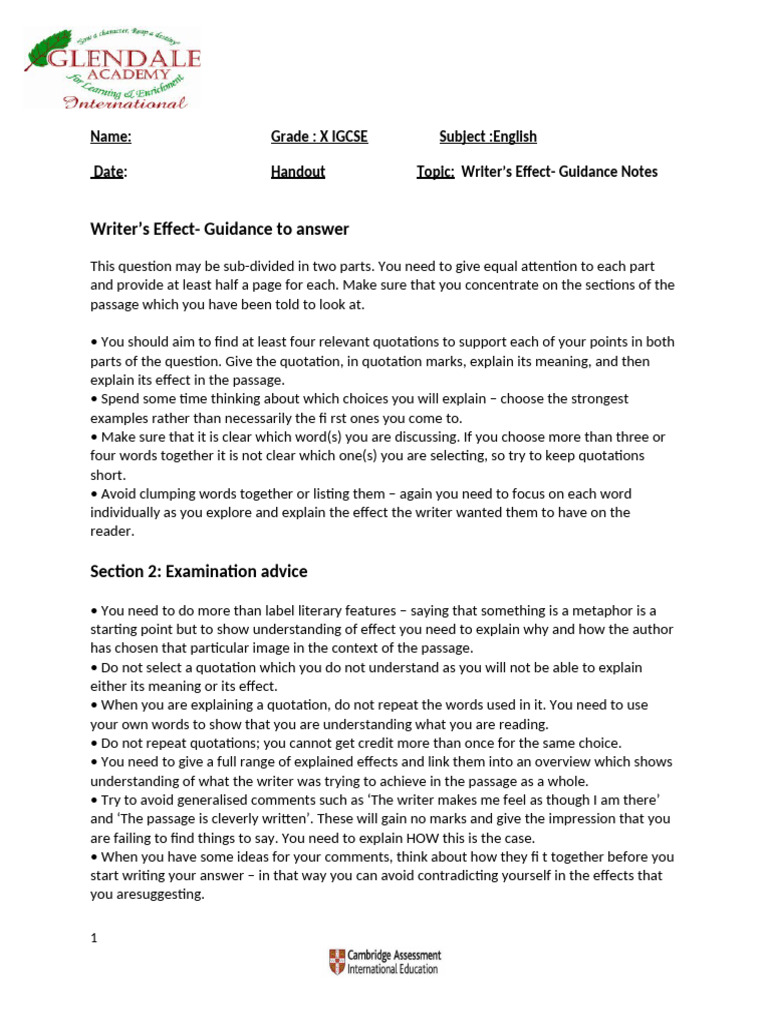 E G10 H Writer's Effect Guidance Notes | PDF | Cognition