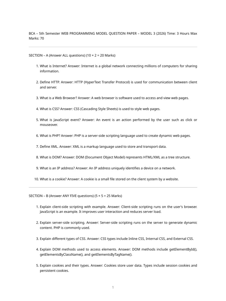 Web Programming Model Paper - Model 3 (2026) New | PDF | World Wide Web ...