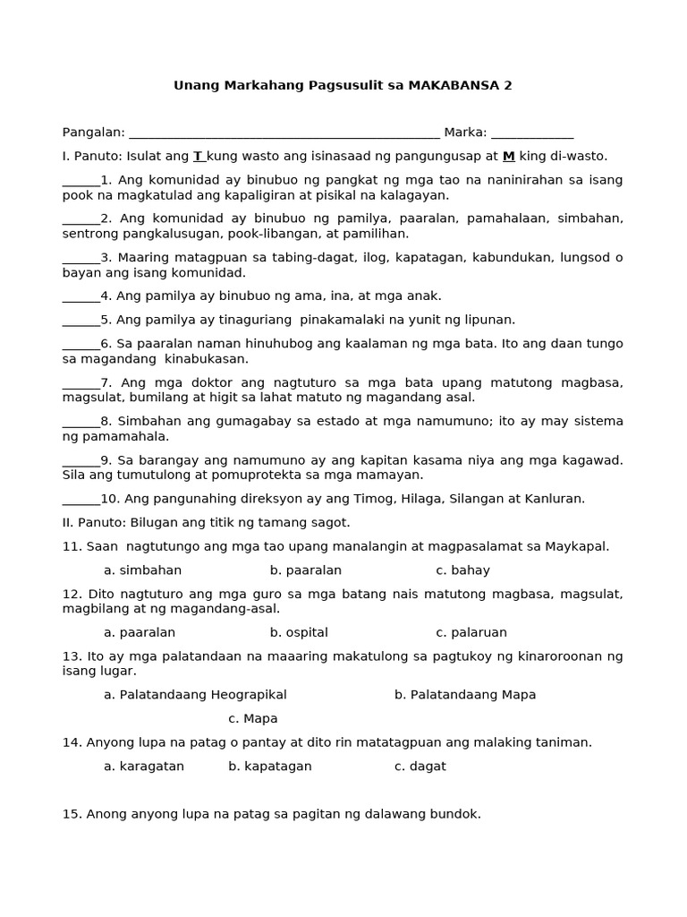 Unang Markahang Pagsusulit Sa MAKABANSA 2 | PDF