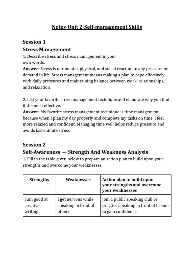 Notes Unit 2 Self Management Skills | PDF | Stress Management | Goal ...