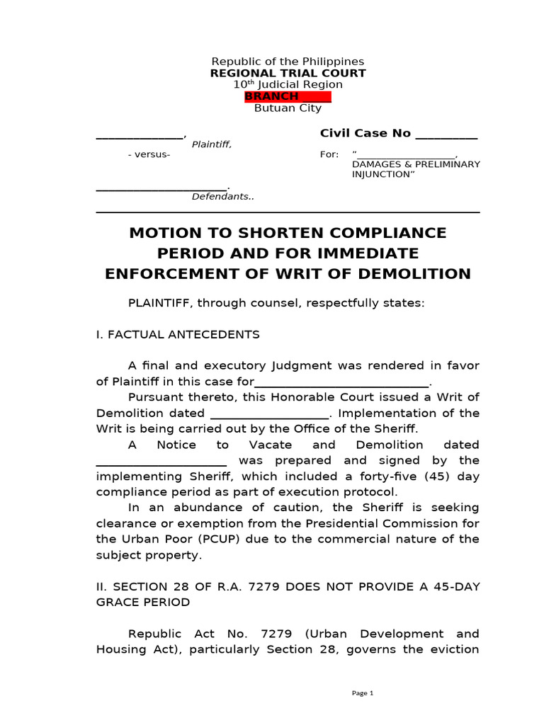 SAMPLE MOTION TO SHORTEN COMPLIANCE PERIOD AND FOR IMMEDIATE ...
