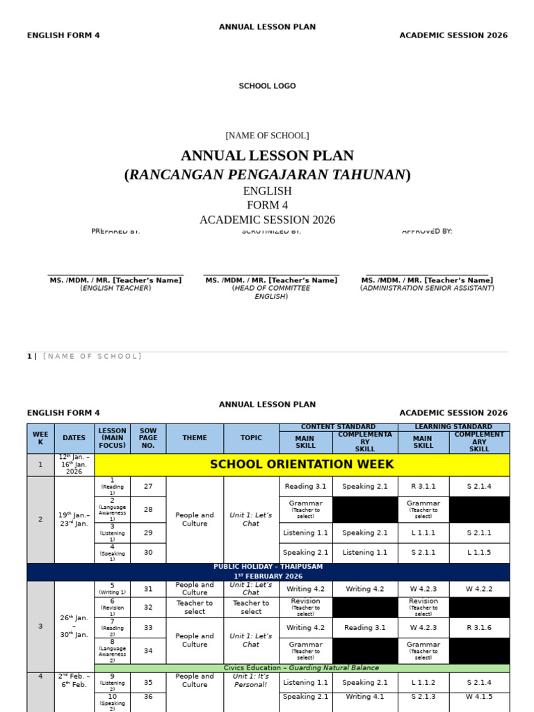 RPT FORM 4 English (2026 Academic Session) | PDF | Lesson Plan | Grammar