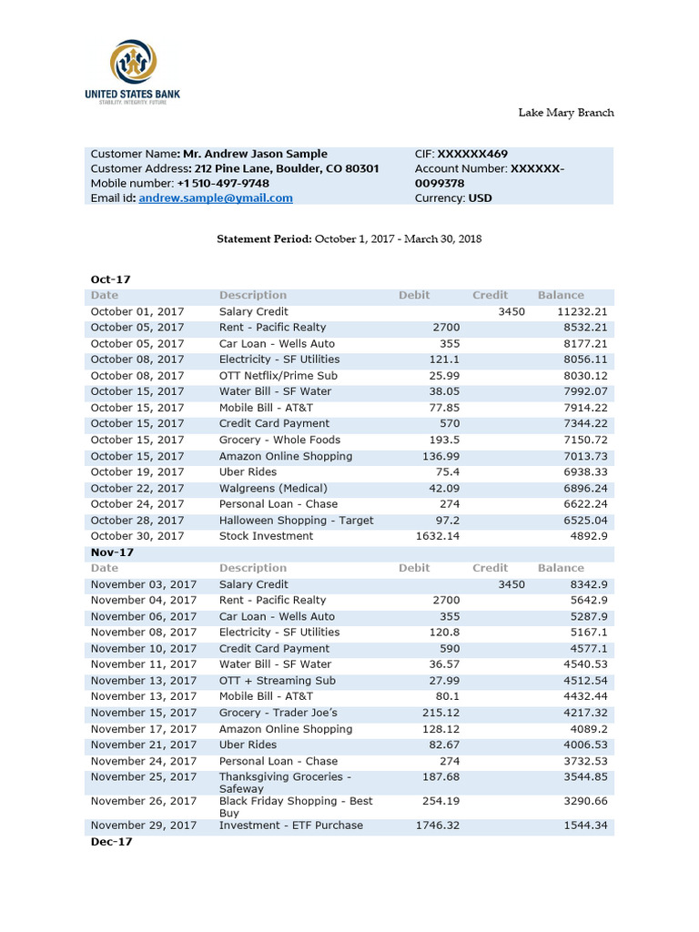 Bank Statement_Andrew_Sample_Oct 2017 to Mar 2018 | PDF | Credit ...