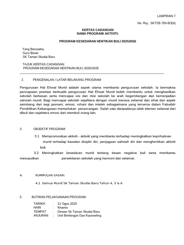 Kertas Kerja Program Buli | PDF