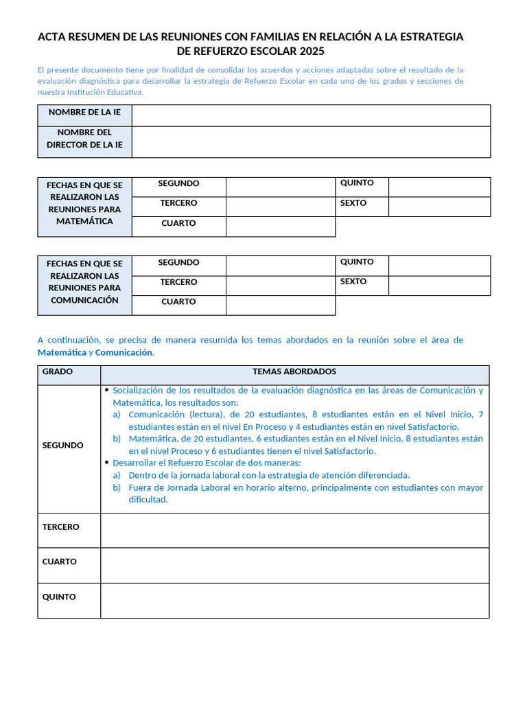 3 Acta Rreuniones Con Familias Sobre RE Primaria OK | PDF | Enseñando | Aprendizaje