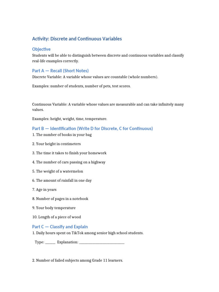 Activity Discrete Continuous Variables | PDF
