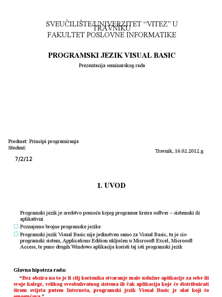 Prezentacija - Programski Jezik Visual Basic | PDF