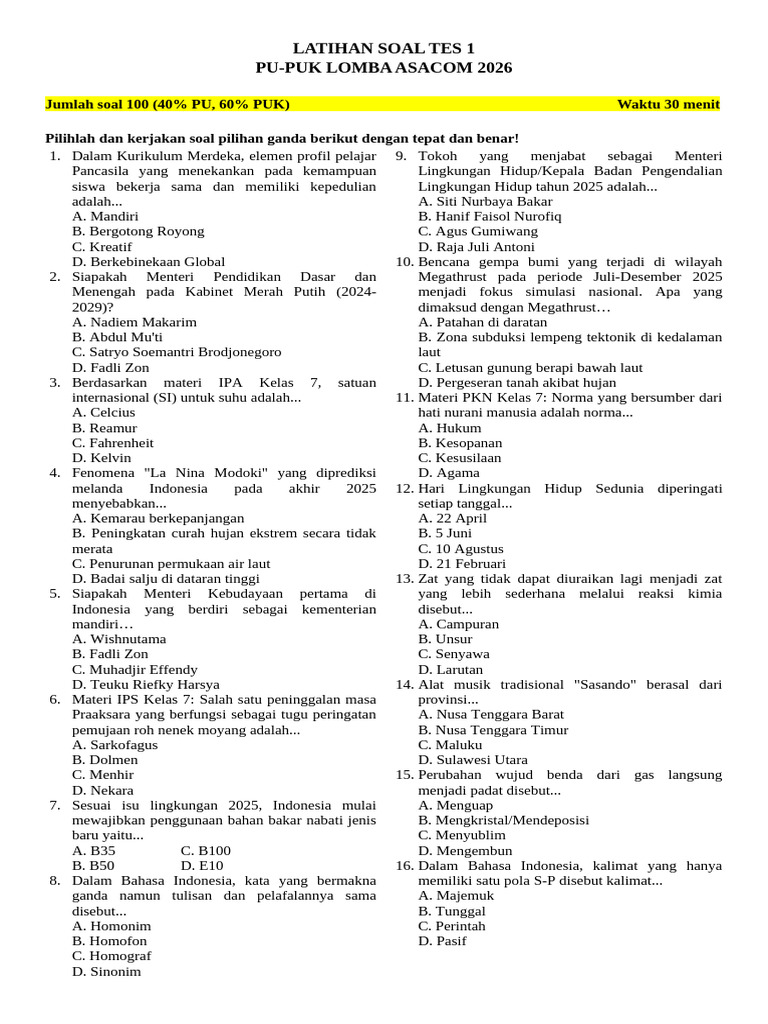 Latihan Tes Pu Puk 1 100 Soal | PDF