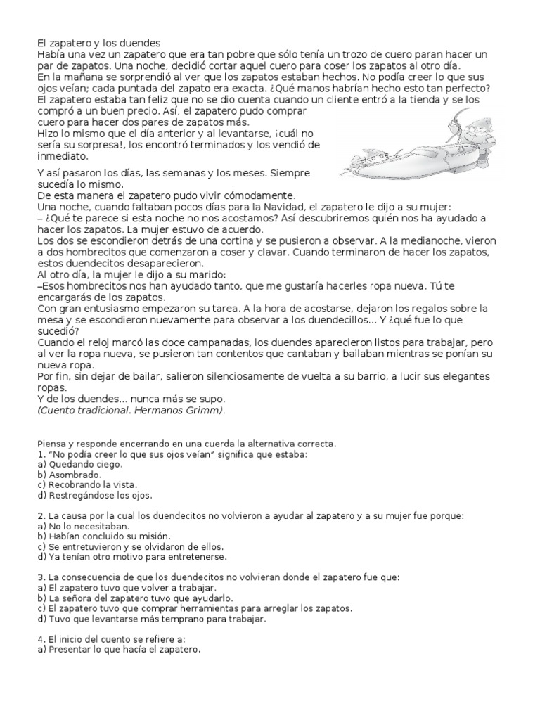 El zapatero y los duendes: resumen y actividades | PDF | Ocio