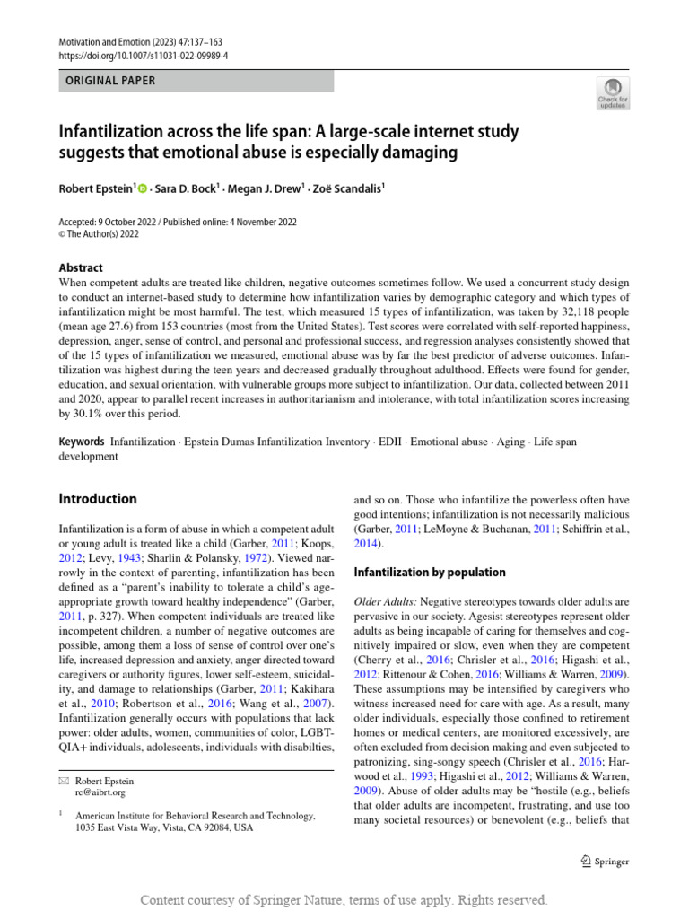 Infantilization Across the Life Span a Large-scale | PDF | Validity ...