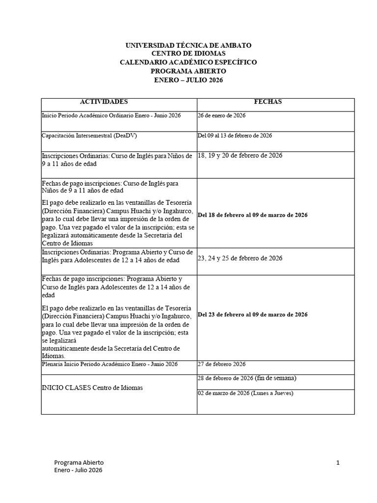 Calendario AcadÉmico EspecÍfico Programa Abierto. Enero - Julio 2026 (1 ...
