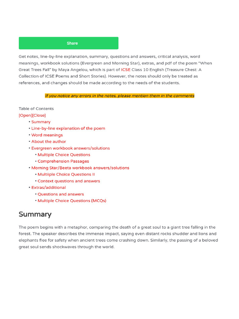 When Great Trees Fall Icse Class 10 English Answers, Notes | PDF