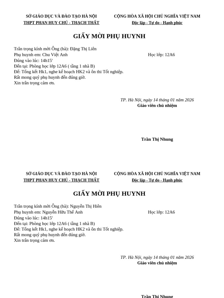 Giay Moi Phu Huynh A5 Lop 12a6 Hocky 1 Namhoc 20252026 | PDF