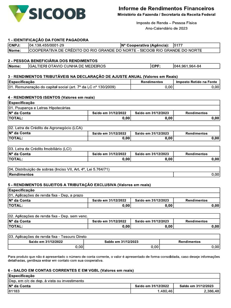 Sicoob Informe de Rendimentos Galtieri | PDF