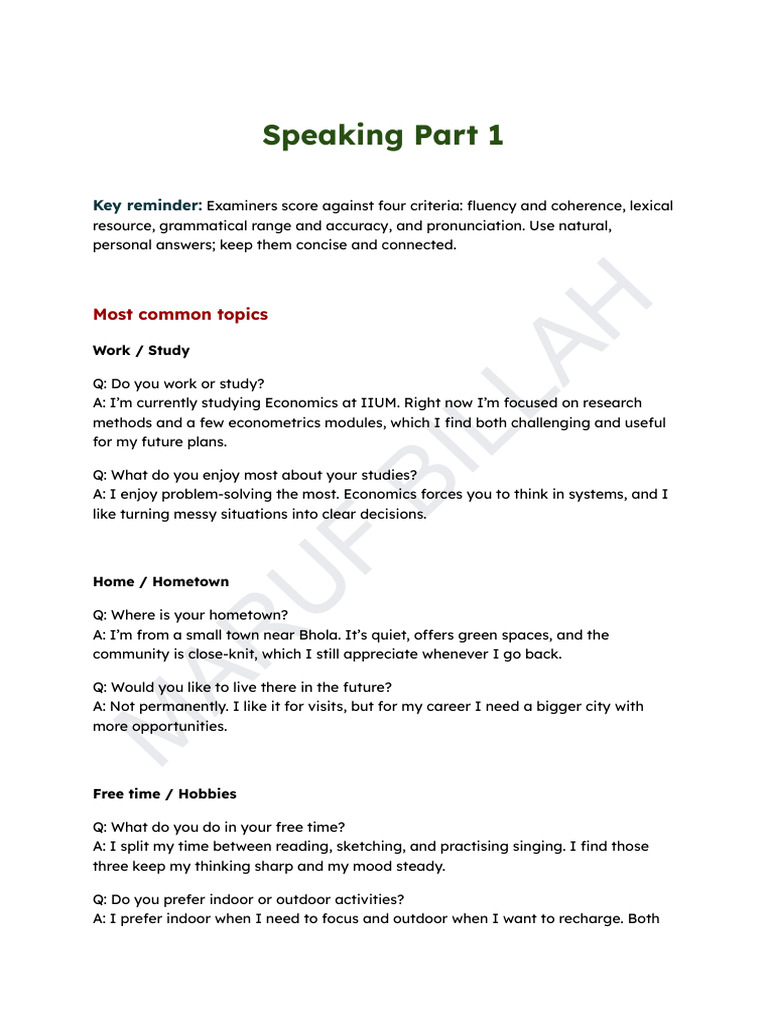 Speaking Part 1 and 2 | PDF | Linguistics | Human Communication