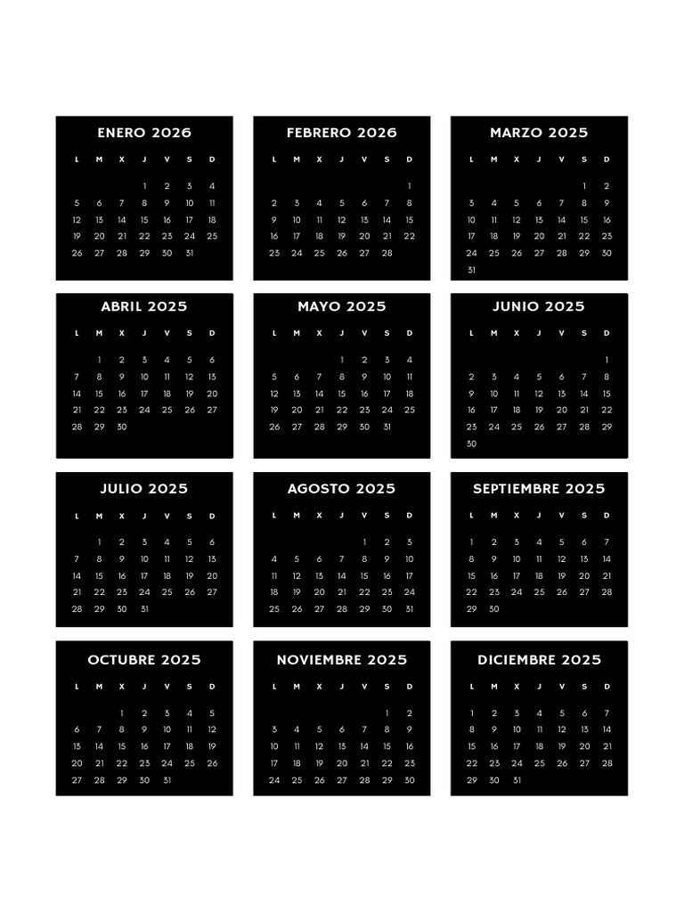 Documento Calendario año 2025 Sencillo Negro | PDF