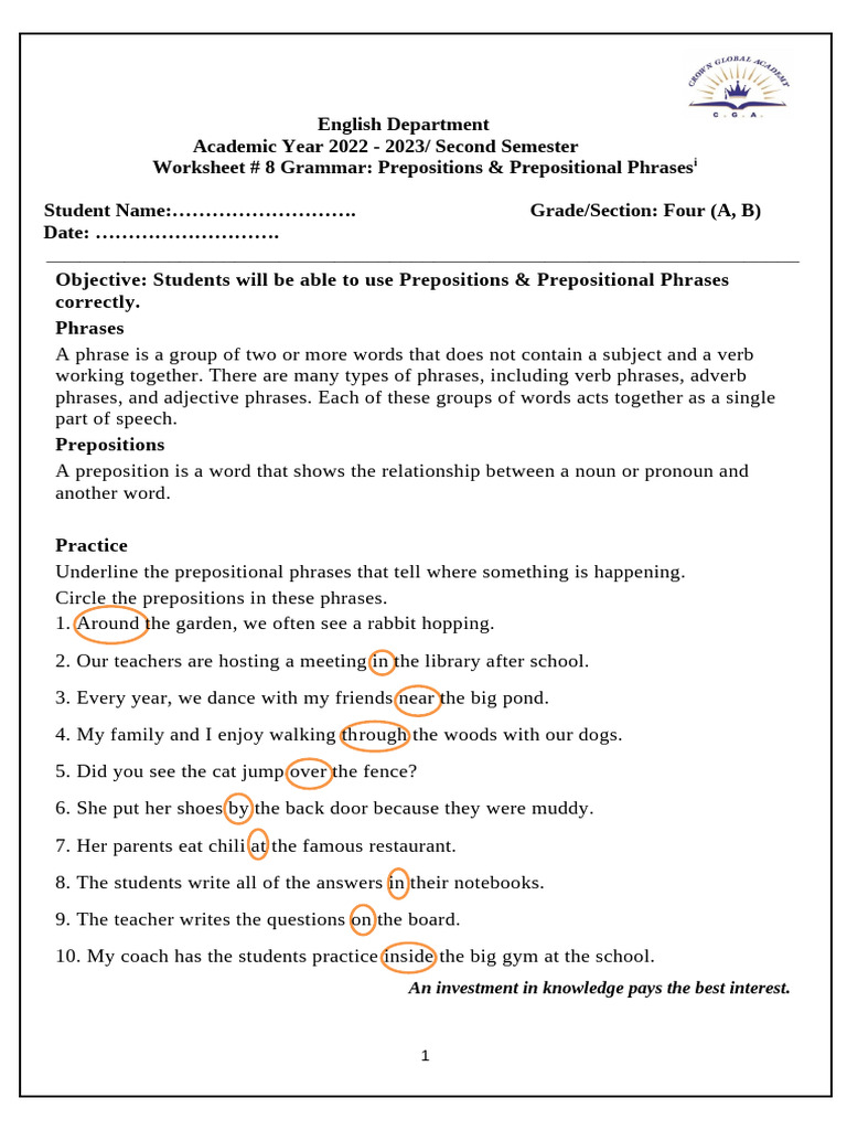 8 Prepositions & Prepositional Phrases Worksheet Answer Key | PDF