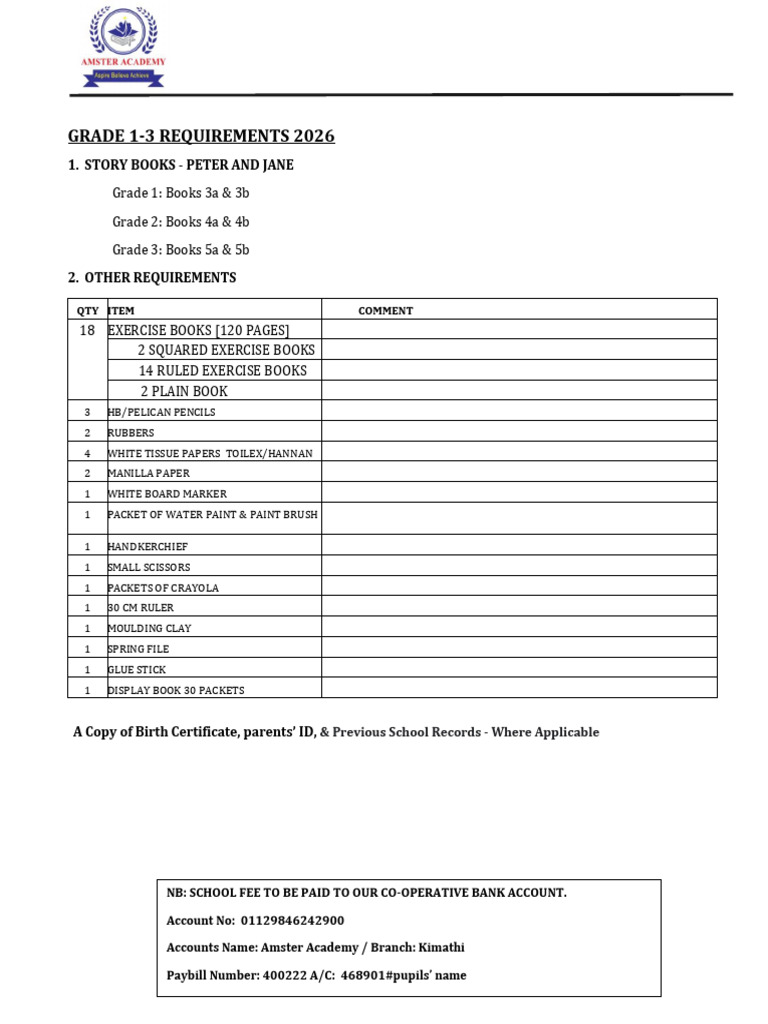 Amster Academy Requirements Yr 2026 - Term I Grade 1-3 Print | PDF
