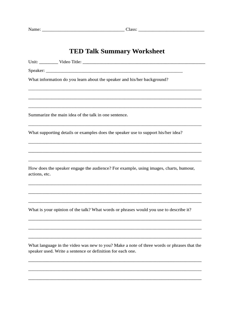 TED Talk Summary Worksheet | PDF