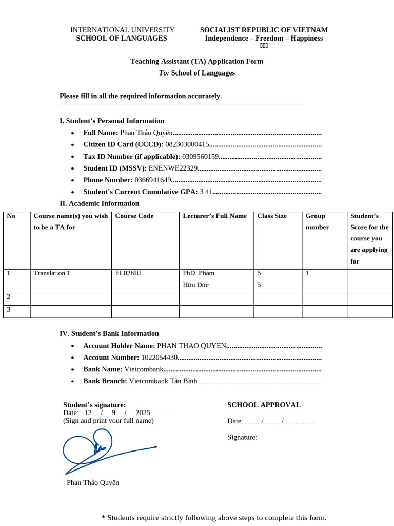 Phan Thảo Quyên - TA Application Form | PDF | Applications Of ...