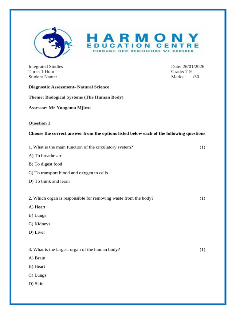 Integrated Studies Diagnostic Assessment | PDF | Human Body ...