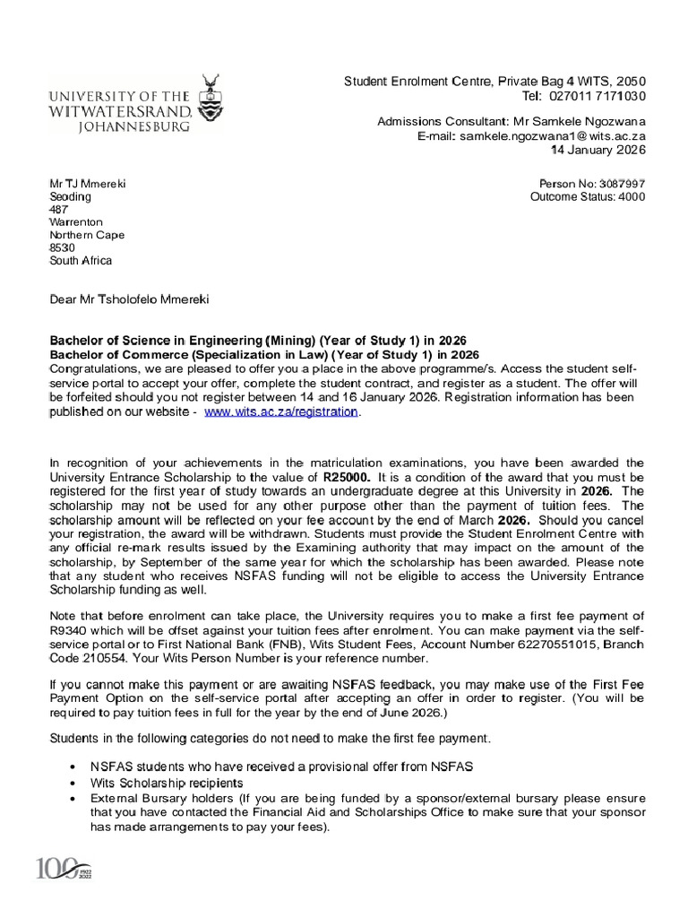 Wits Acceptance Letter | PDF
