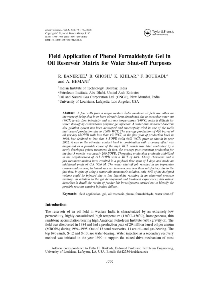 Field Application of Phenol Formaldehyde Gel in Oil Reservoir Matrix ...