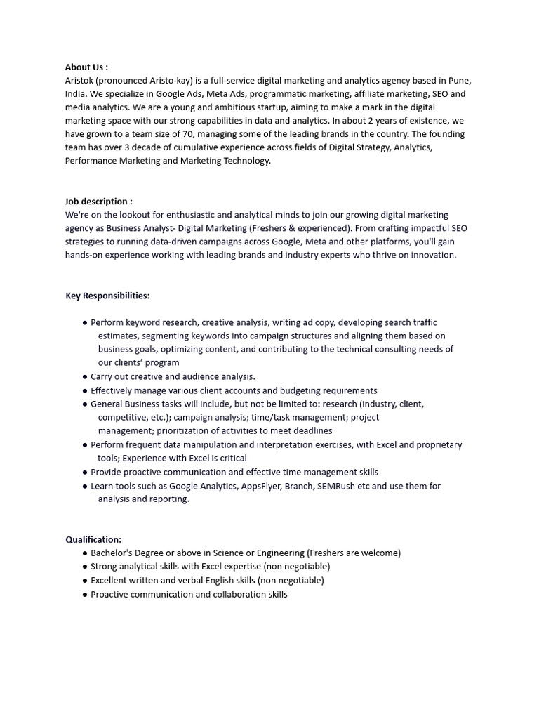 JD - Business Analyst - Digital Marketing | PDF | Analytics | Search ...