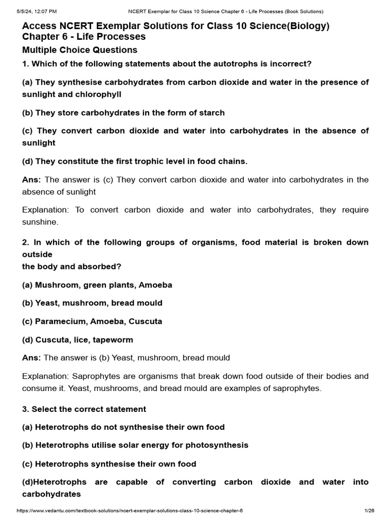 NCERT Exemplar for Class 10 Science Chapter 6 - Life Processes (Book Solutions) | PDF ...