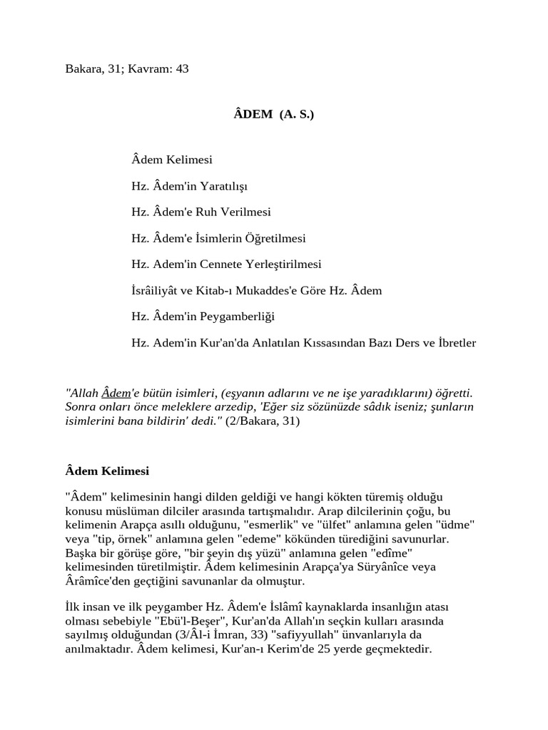 Ahmed Kalkan - Kavram Tefsiri - Adem a.s. | PDF