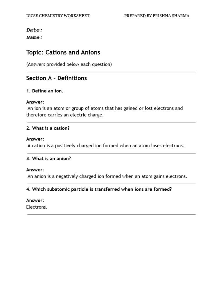 IGCSE Chemistry Worksheet - Cations and Anions | PDF | Ion | Chemistry