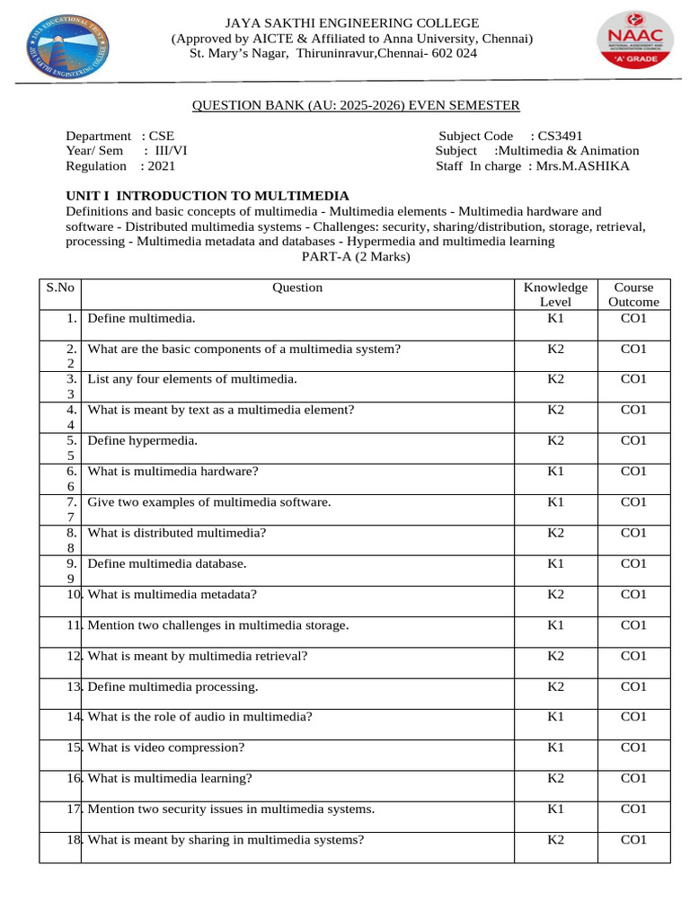 Multimedia and Animation Question Bank | PDF | Multimedia | Data ...