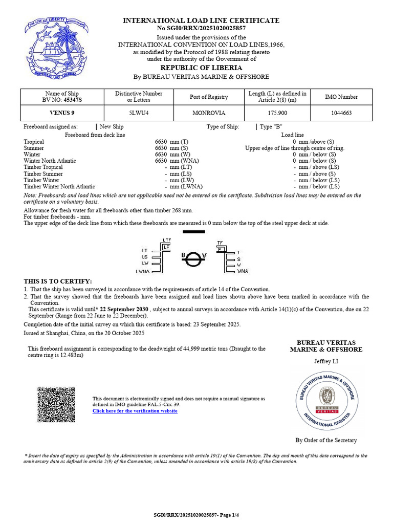 7.3 Multiple International Load Line Certificate (44999DWT) - VENUS 9 ...