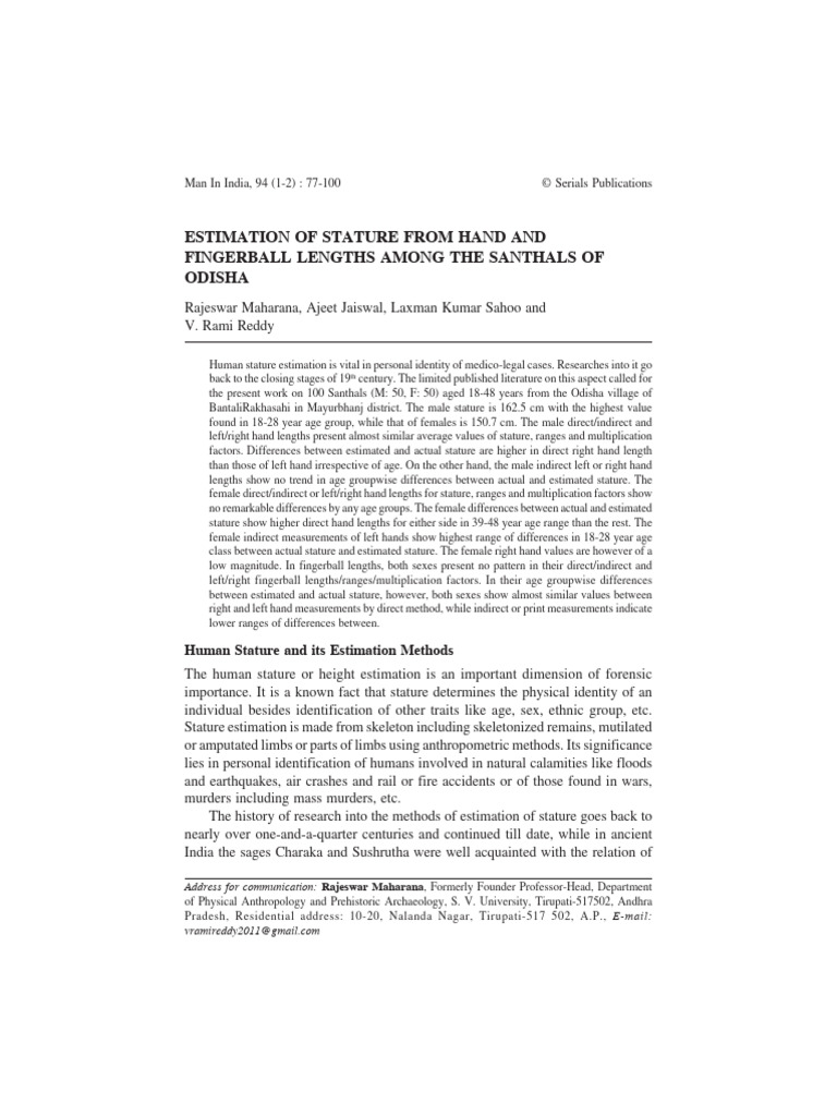 Estimation of Stature From Hand and Fing | PDF | Hand | Multiplication