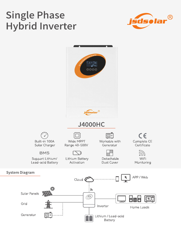 Brochure for J4000HC 4KW Hybrid Solar Inverter of JSDSolar | PDF