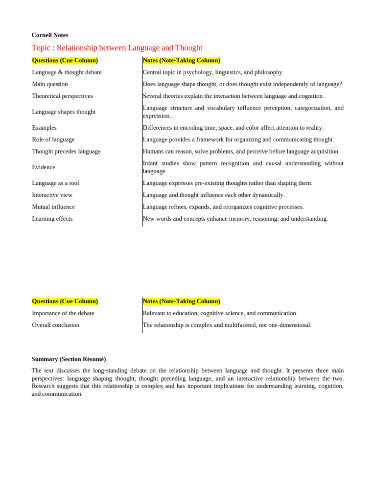 Cornell Notes. Example | PDF | Thought | Cognition