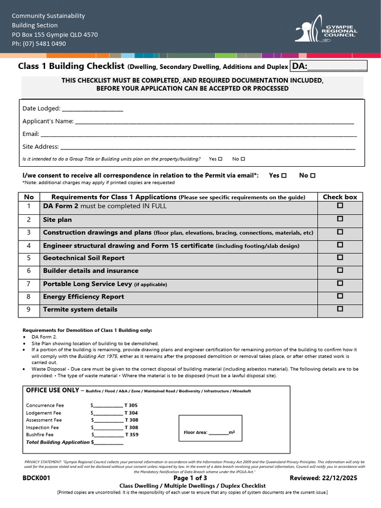 Class 1 Building Checklist | PDF | Framing (Construction)